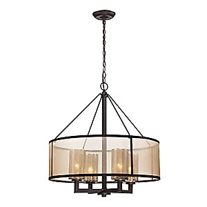Elk Home Diffusion Modern 4-Light Chandelier-Oiled Bronze Metal, Beige Organza Fabric and Mercury Glass Shade, W24 X D24 X H25 Inch, Mid-Century Modern, Luxe Glam, LED and Dimmer Compatible