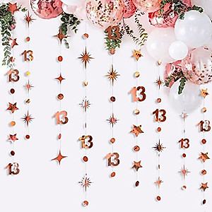 Rose Gold 13th Birthday Decorations Number 13 Circle Dot Twinkle Star Garland Metallic Hanging Streamer Bunting Banner Backdrop for Girls 13 Year Old Birthday Thirteen Official Teenager Party Supplies