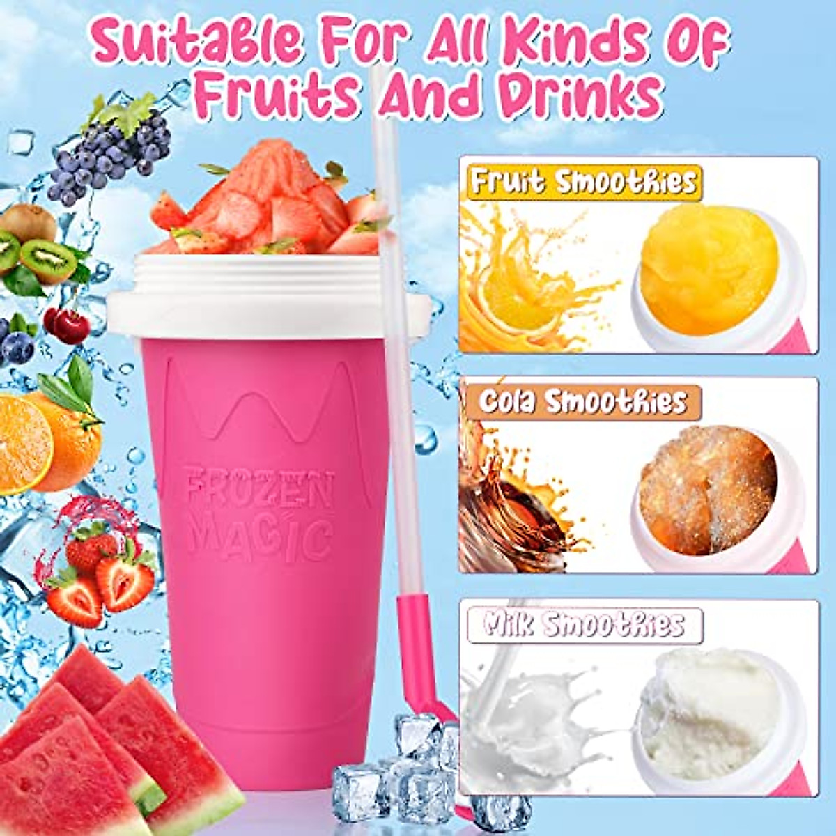 Slushie Maker Cup,FUROLD DIY Slushies Cup Frozen Magic Squeeze Cup Slush Cup Smoothies Double Layers , Homemade Slushie Machine w/ Straw and Spoon, Ice Cream Maker Cool Stuff Birthday Gifts for Kids(Blue+Pink)