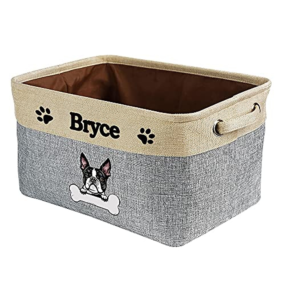 MALIHONG Personalized Foldable Storage Basket with Cute Dog Boston Terrier Collapsible Sturdy Fabric Bone Pet Toys Storage Bin Cube with Handles for Organizing Shelf Home Closet, Grey and White