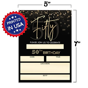 50th Birthday Party Invitations for Women and Men, Black and Gold Fiftieth Birthday Decoration and Supplies, 20 Fill-In Invites + Envelopes