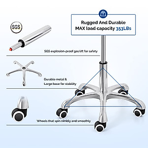 JMU Dental Assistant Chair, Rolling Stool with Wheels and Backrest Heavy Duty Stool Height Adjustable for Dental Lab Salon Home, White