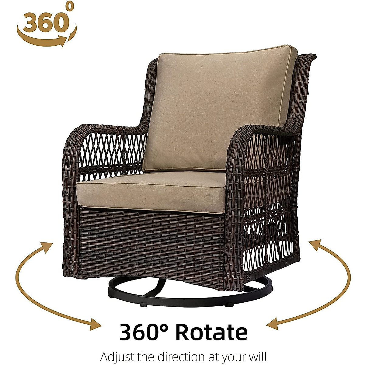 Amyove 3 Pieces Outdoor Wicker Swivel Patio Set, 360° Swivel Rocking Patio Chairs of 2 with Side Table and Fabric Cushions for Outside, Yard, Garden, Balcony (Rust)