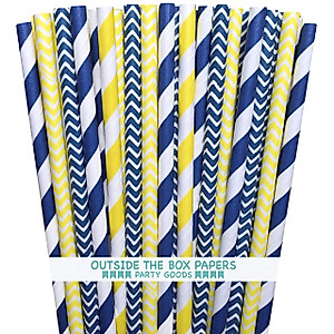 Outside the Box Papers Yellow and Navy Blue Chevron and Stripe Paper Straws 7.75 Inches- 100 Navy Blue, Yellow