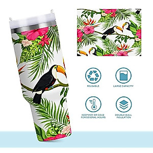 Burbuja Toucans Hibiscus 40oz Insulated Tumblers with Handle and Straw Lid, Double Wall Stainless Steel Travel Mug Leak-Proof, BPA Free, Gift for Mom Dad