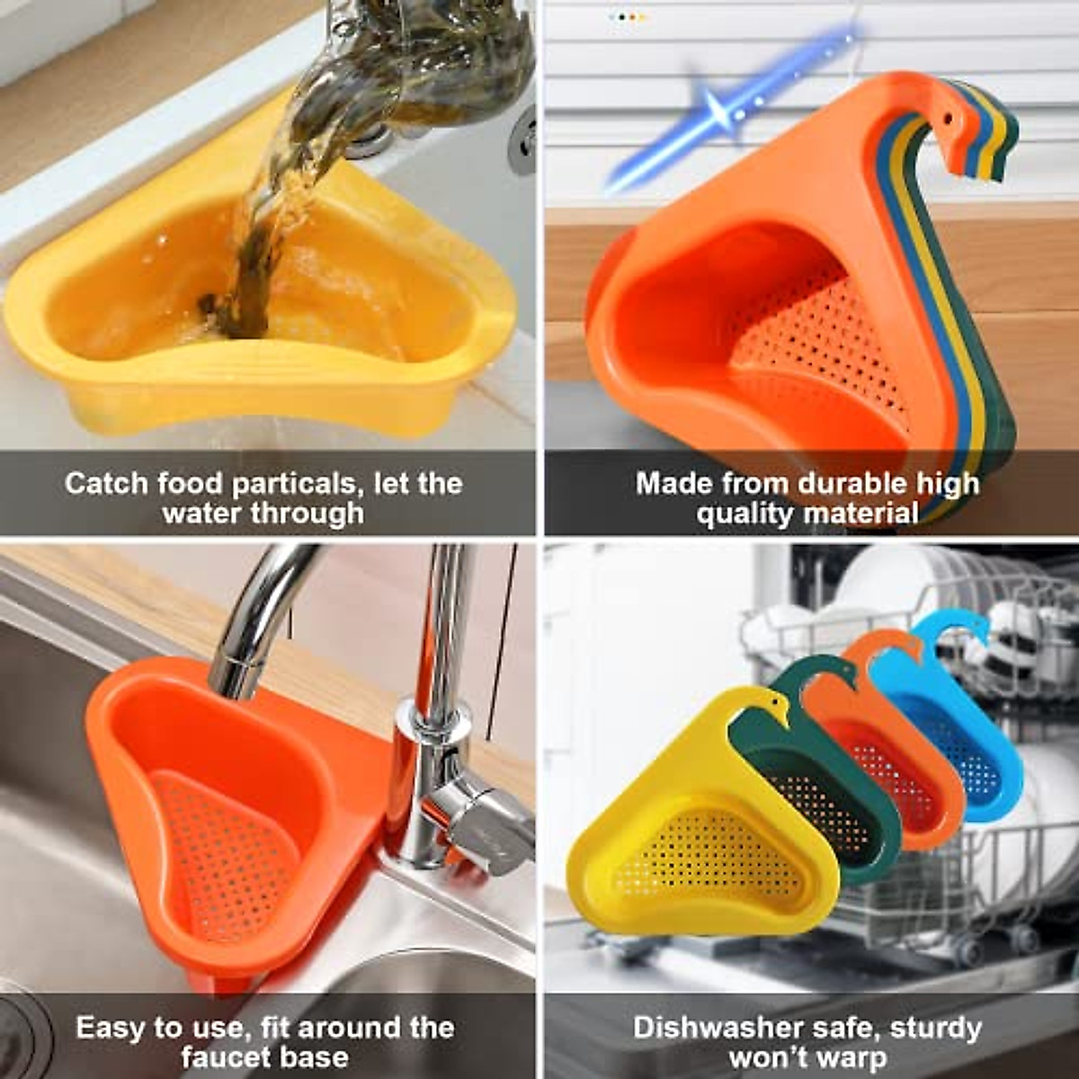 Sink Strainer, V380 Kitchen Sink Drain Basket, Swan Shaped Sink Basket, Multi-Use Kitchen Sink Strainer, with 2 Wall Hooks, Fits All Kitchen Sinks(Multicolor, 4PC)