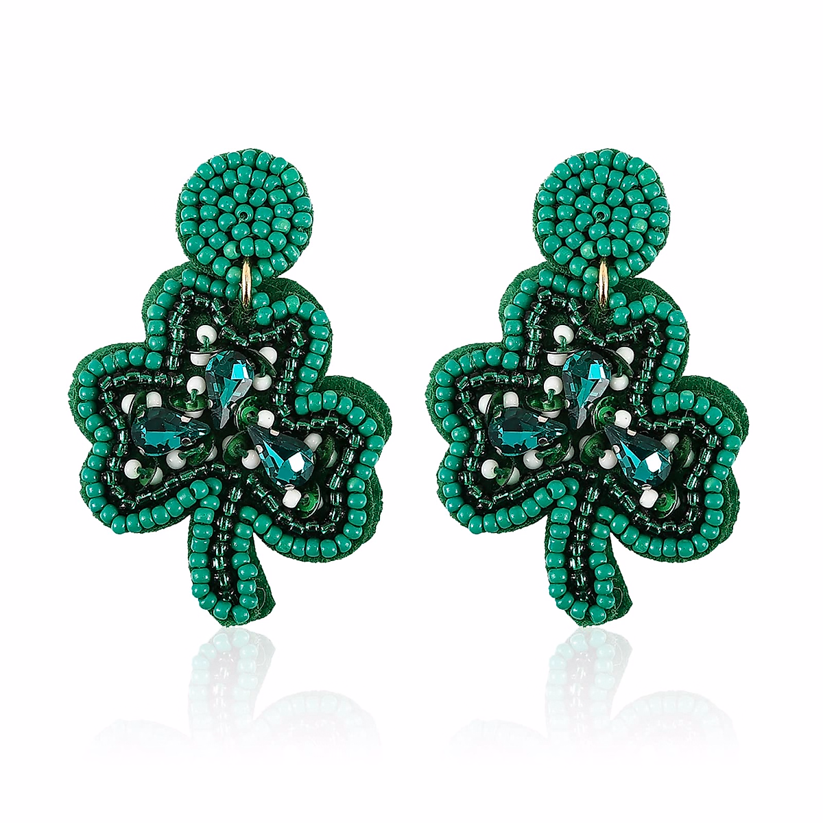 St. Patrick's Day Earrings Green Lucky Clover Earrings Beaded Shamrock Dangle Earrings Handmade Leaf Drop Dangle Earring Irish Holiday Jewelry Gift for Women