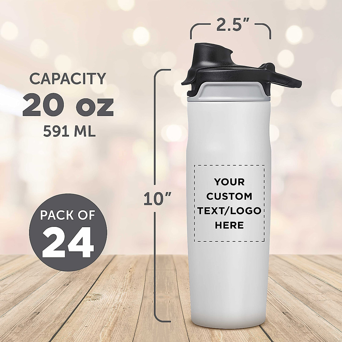 DISCOUNT PROMOS Custom Juno Water Bottles with Flip Lid 20 oz. Set of 24, Personalized Bulk Pack - Reusable, Great for Gym, Hiking, Cycling and for School - White