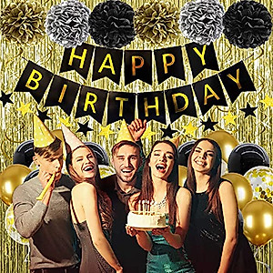 Birthday Decorations for Men,Black And Gold Party Decorations Boys Happy Birthday Decorations with Banner Birthday Party Supplies