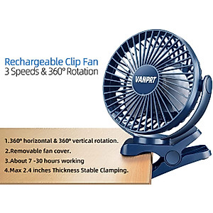 VANPRT 5000mah Clip on Fan, 6'' Portable Rechargeable Battery Fan, 7-30 Working Hours, 3 Speeds Strong Airflow, 720° Rotation, Quiet, Strong Clamp for Desk/Office/Golf/Car/Gym/Treadmill - Blue