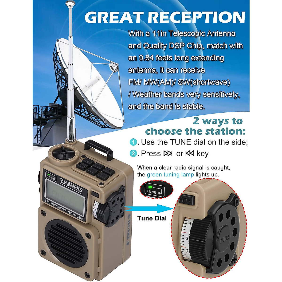 ZHIWHIS Shortwave Radio, MP3 Player with Weather Radios Portable AM FM, Retro Bluetooth Speaker with 6 EQ Modes, Rechargeable Alarm Clock Receiver with Sleep Time and NOAA Alerts ZWS-701