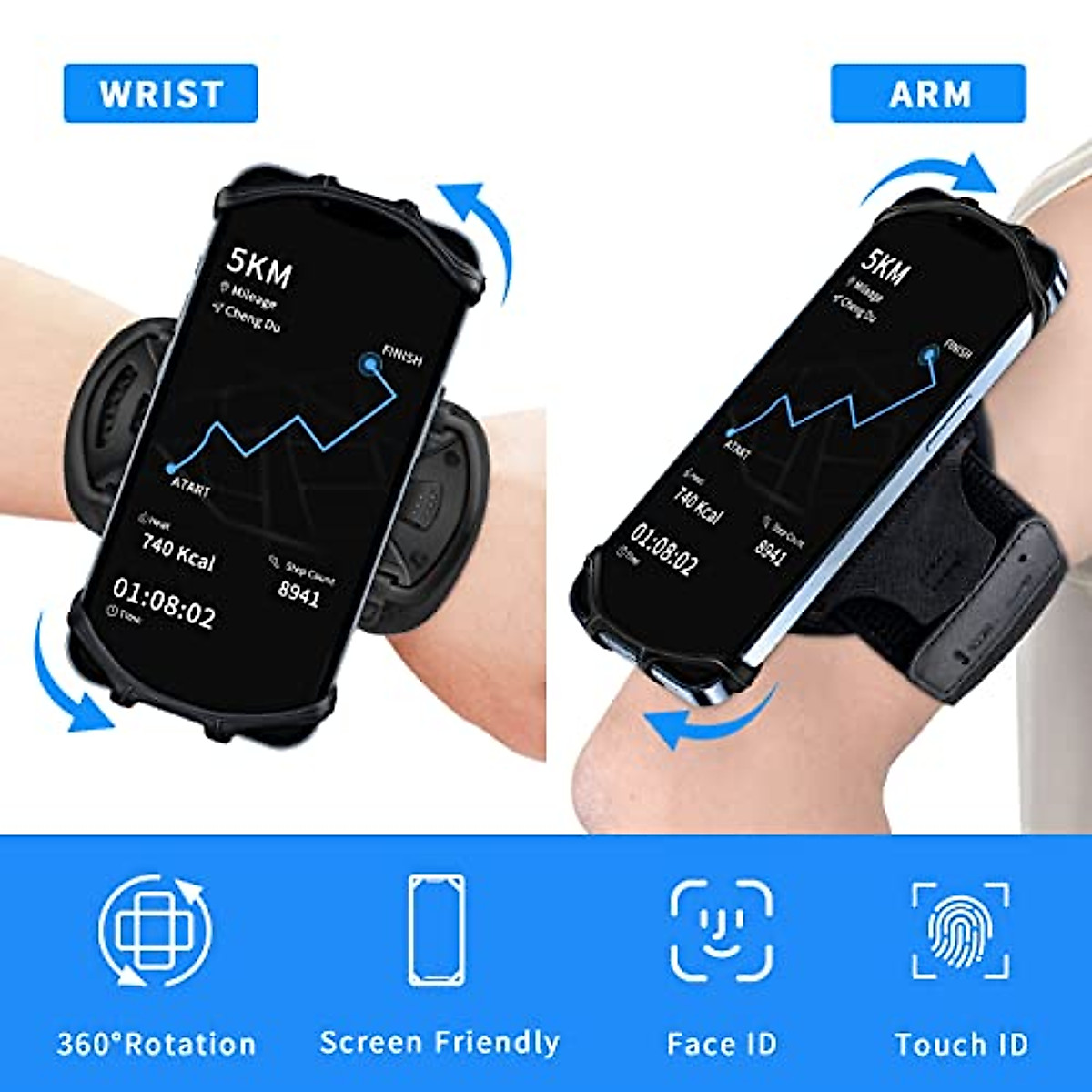 HLOMOM Wristband Phone Holder for Running, 360°Rotation & Detachable Sports Armband with Key Holder for iPhone 14/13/12/Pro/Pro Max/XS/XR/X/8/7/6/Plus, Samsung Galaxy, Fits 4''-6.5''Phone