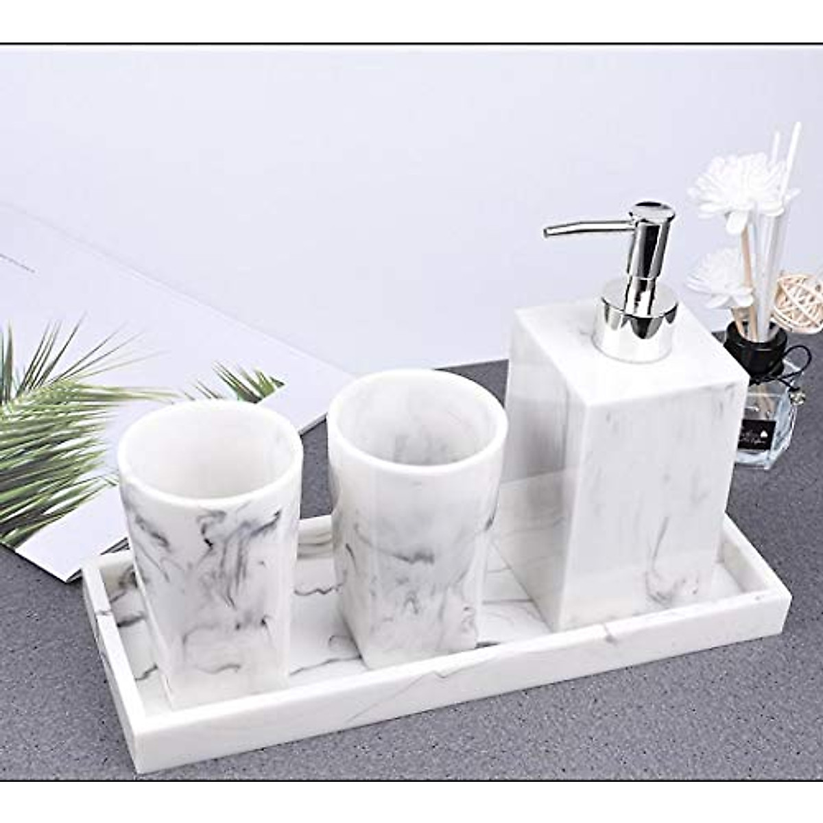 Bathroom Accessories Set, Faux Marble 4Piece Complete Resin Bath Accessories Set with Soap Dispenser, Toothbrush Cup, Tray Gift Set Luxury Bath Accessory