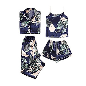 LYANER Women's Pajamas Set 4 pcs Satin Silk Cami Top Button Down Loungewear Pjs Set Navy Small