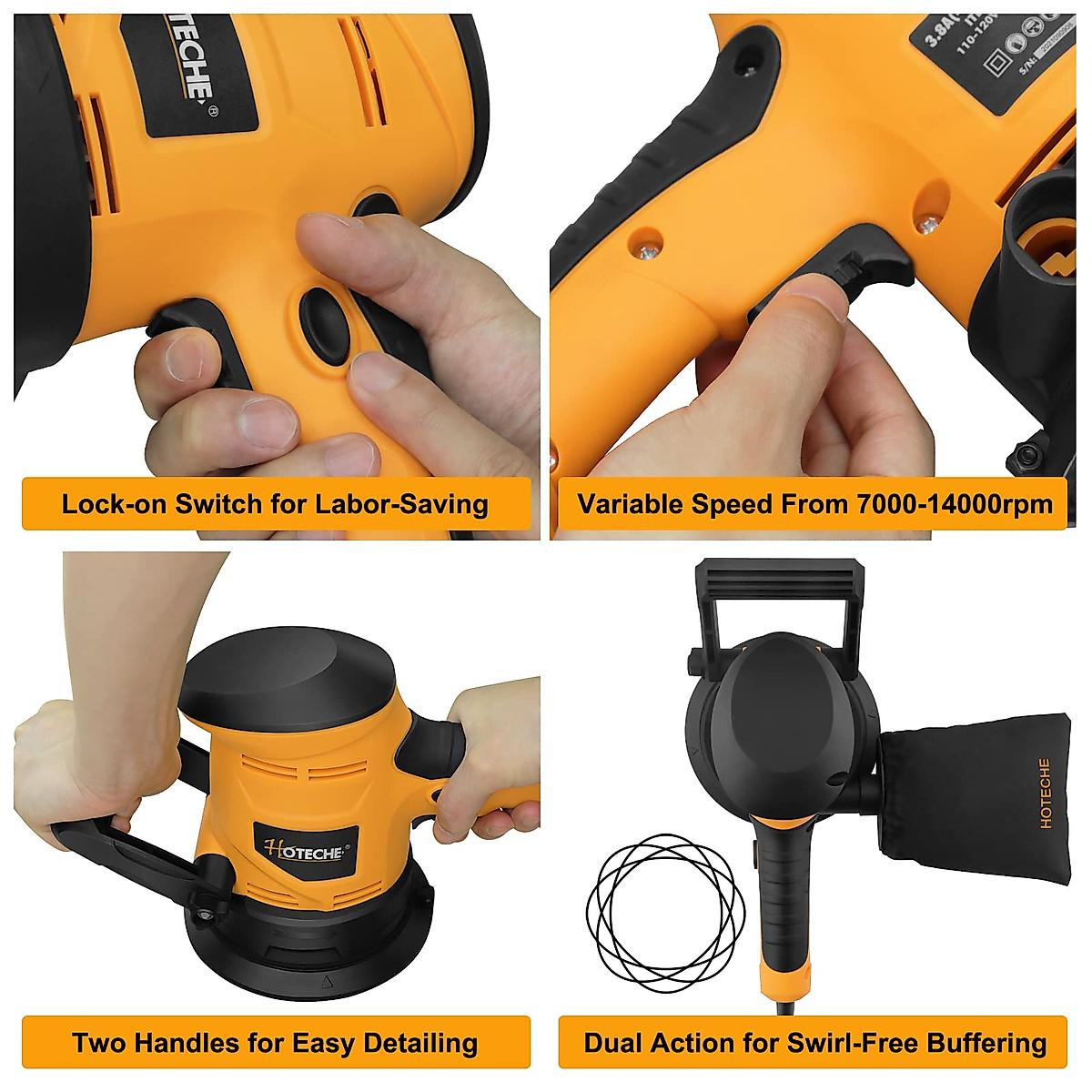 Hoteche Random Orbital Sander 3.8-Amp/450W 5-Inch Variable Speed Palm Power Sander 14,000 RPM Electric Drywall Sander Tool for Woodworking with Dust Collector and 5Pcs Sand Papers