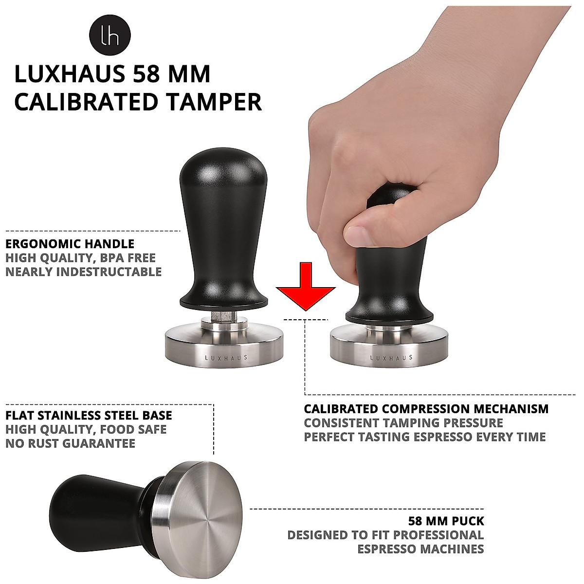 LuxHaus Espresso Tamper - 58mm Calibrated Coffee Tamper for Espresso Machine with Spring Loaded 100% Flat Stainless Steel Base