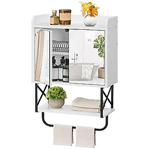 HOOBRO Medicine Wall Cabinet with Mirror, Bathroom Storage Cabinet with Hidden Space and Towel Bar, Double Mirrored Doors, Detachable Shelf, for Bathroom, Living Room, White BW41CW01