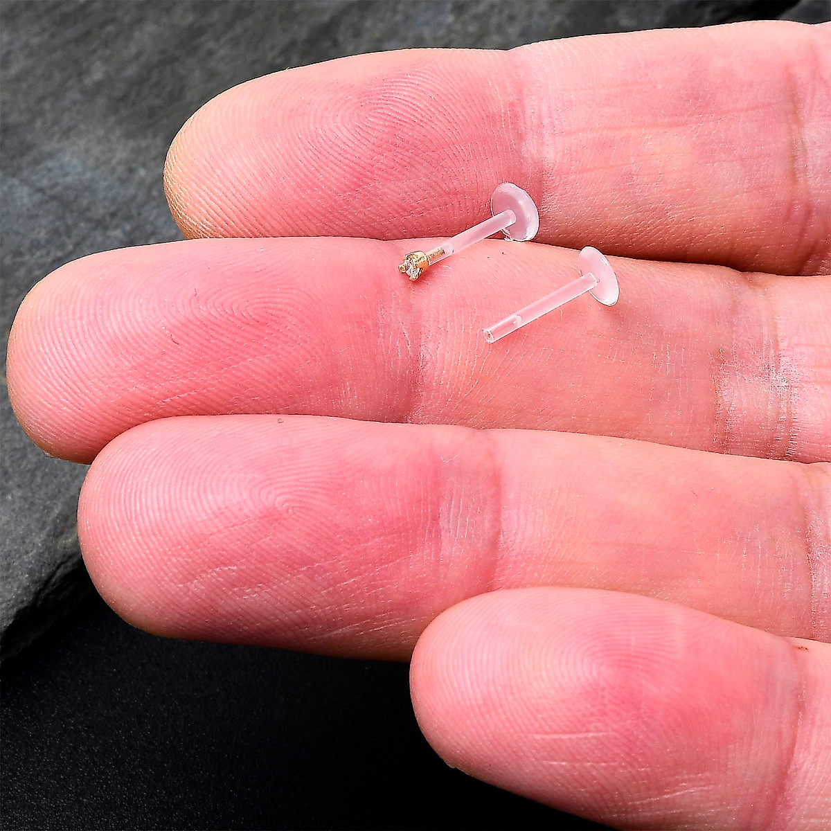 Body Candy 14k Yellow Gold 1.5mm CZ Bioplast Push in Labret Monroe 16 Gauge 3/8"