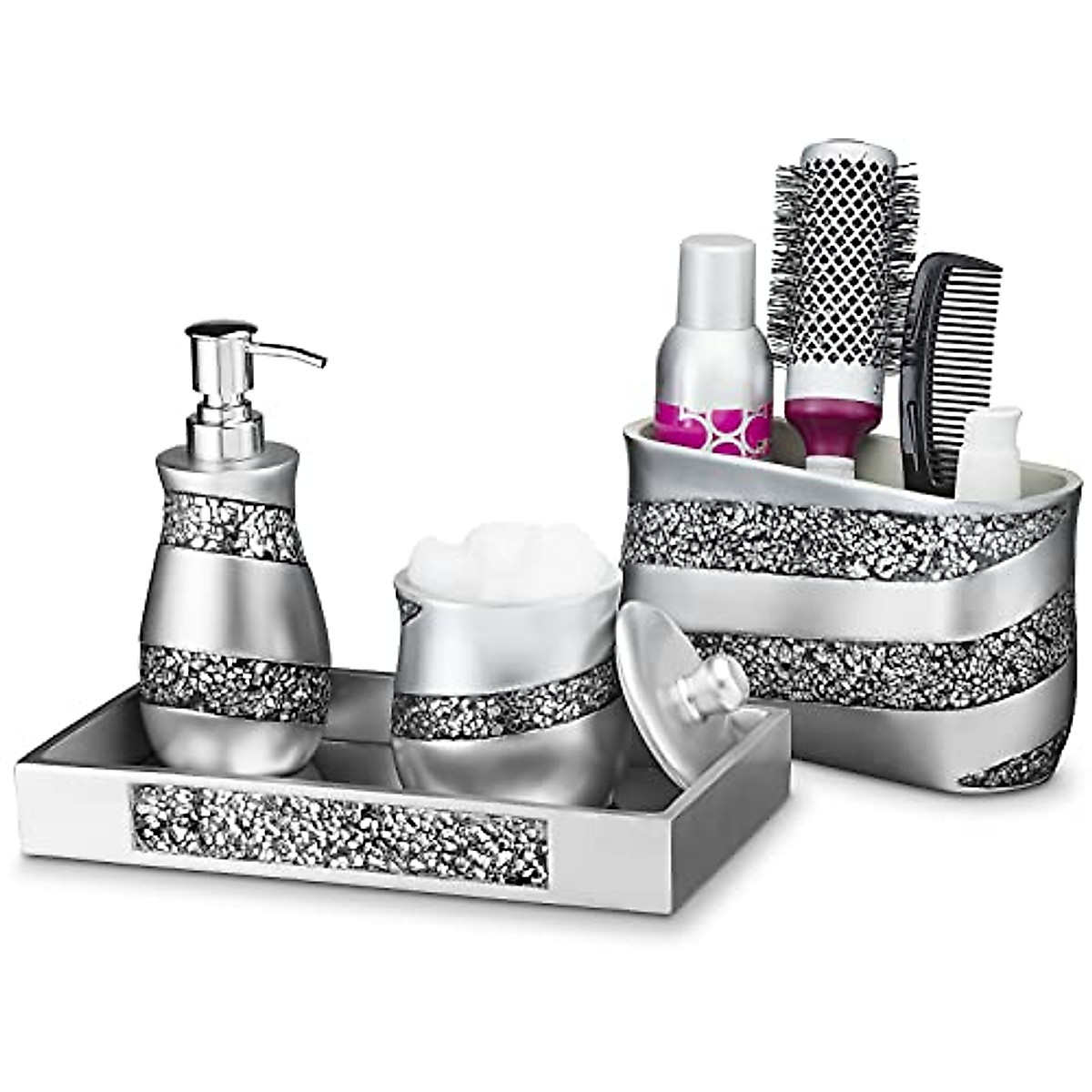 Creative Scents Silver Mosaic Qtip Holder - Decorative Cotton Ball Jar - Durable Resin cotton Swab dispenser - Beautiful Bathroom Vanity storage Accessories