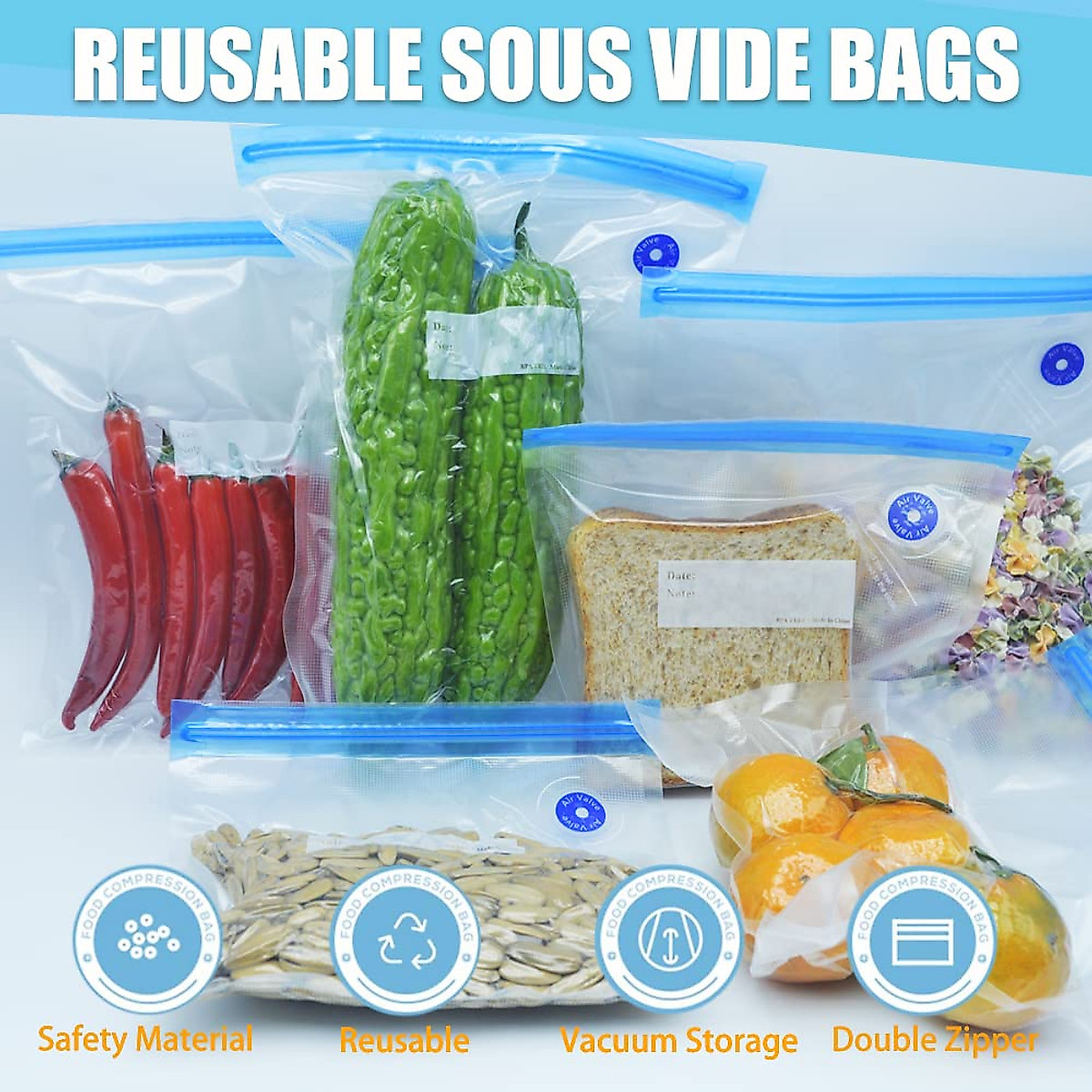 Daarcin 3 Size 40pcs Sous Vide Bags BPA Free Reusable Vacuum Sealer Bags Kit Keep Food Flesh with 1 Vacuum Hand Pump and 2 Sealing Clips