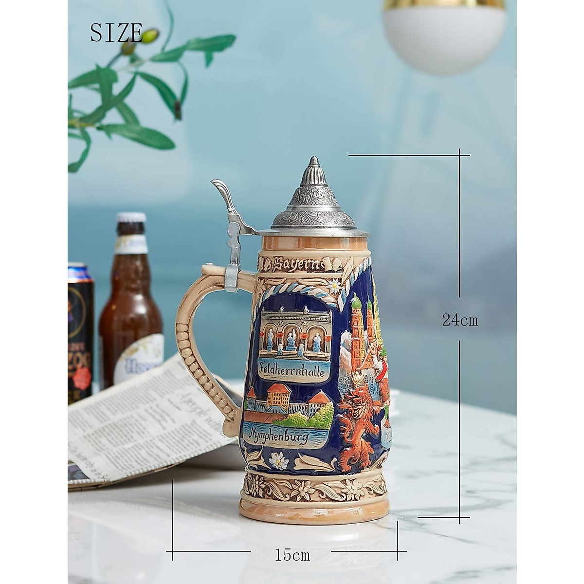 HAUCOZE Beer Stein Mug German Munich Bavarian Drinking Stanley Viking Tankard with Petwer Lid for Birthday Gifts Men Father Husband 1.0Liter