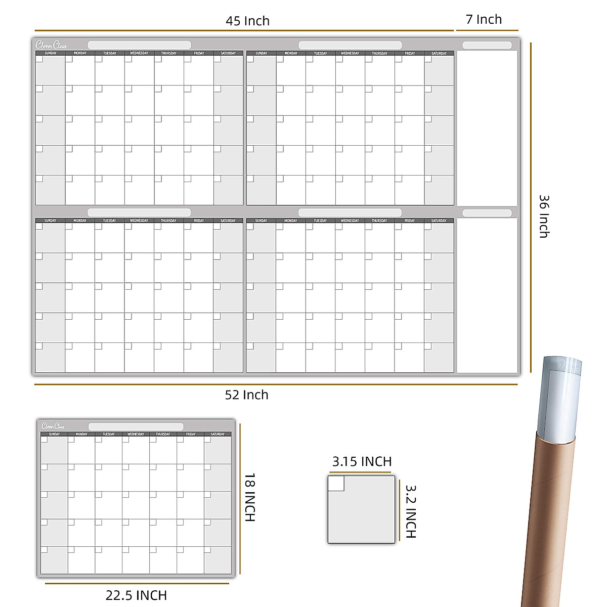 CLEVER CLEAN Large Dry Erase Wall Calendar - 36" x 52" Undated 4-Month Calendar for Home, Office, School - Reusable Jumbo Laminated Task Organizer