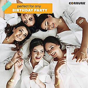 CORRURE 48pcs Birthday Tattoos - Gold Temporary Tattoos Metallic for Women and Men - Happy Birthday Squad Tattoos for Girls, 18th 21st 25th 30th or Any Adult Bday - 11 Flash Party Tattoos