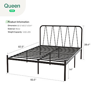 Novilla Queen Bed Frame with Headboard - 14 Inch Modern Matte Black Metal Platform Bed Frame Heavy Duty Slats Support, No Box Spring Needed, Noise-Free