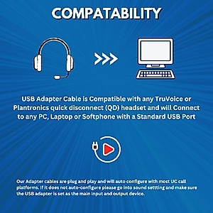 TruVoice USB-A to QD Adapter Cable Compatible with Any Plantronics Wired Headset with a QD and Includes Volume Control and Mute Functionality (Connects Headset to PC, Laptop and Softphones)