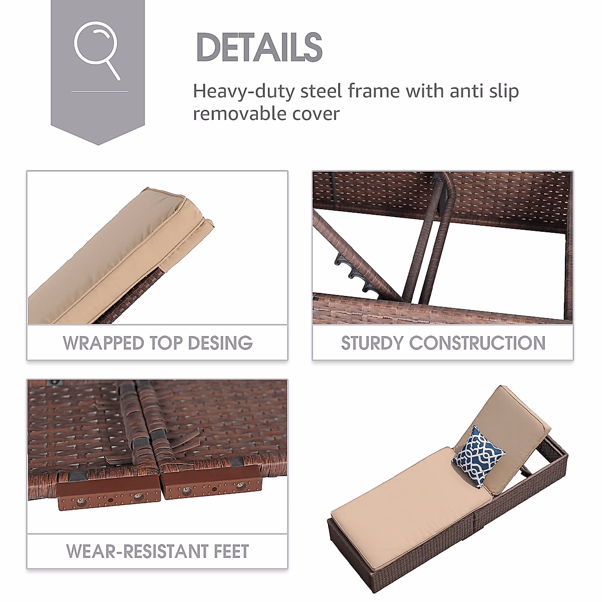 JOIVI Outdoor Chaise Lounge Chair, All-Weather PE Wicker Patio Chairs Pool Lounge Chairs for Outside, Brown Rattan Reclining Outdoor Chair with Adjustable Backrest & Removable Beige Cushion