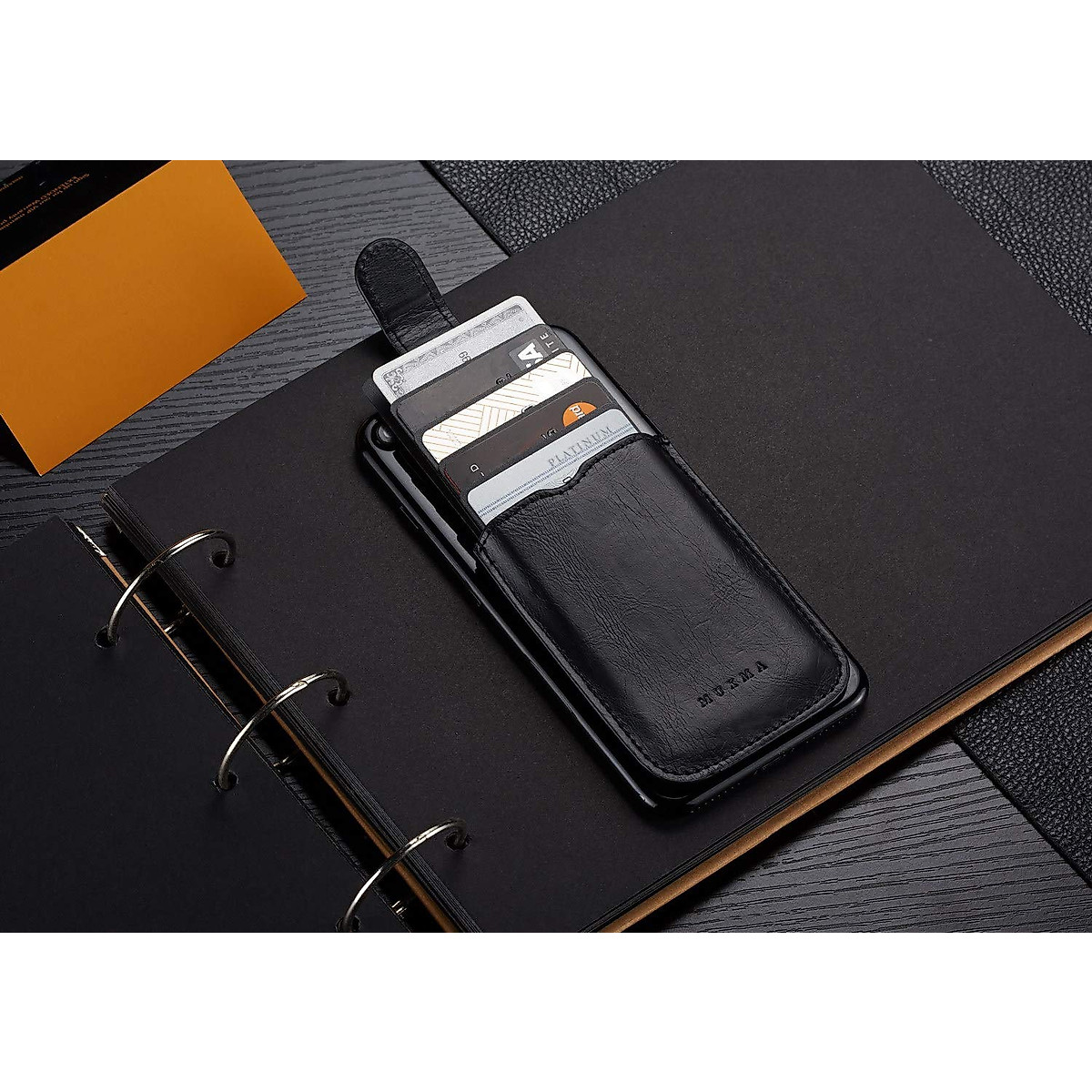 MUMUGUO Card Holder for Back of Phone,Pu Leather RFID Blocking 5 Pull Credit Card Cash Cell Phone Wallet Pocket Stick on Back iPhone