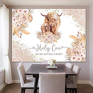 Ayayiya Boho Holy Cow Baby Shower Backdrop Highland Cow We are Having A Baby Bohemian Pink Floral Pampa Grass Photography Background Farm Animal Baby Shower Party Decorations Banner Supplies 5x3ft