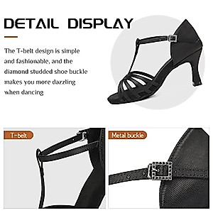 JUODVMP Women Latin Dance Shoes Black Satin Ballroom Performance Salsa Tango Practice Dance Shoes 3inch High Heel Model WX217,7 US