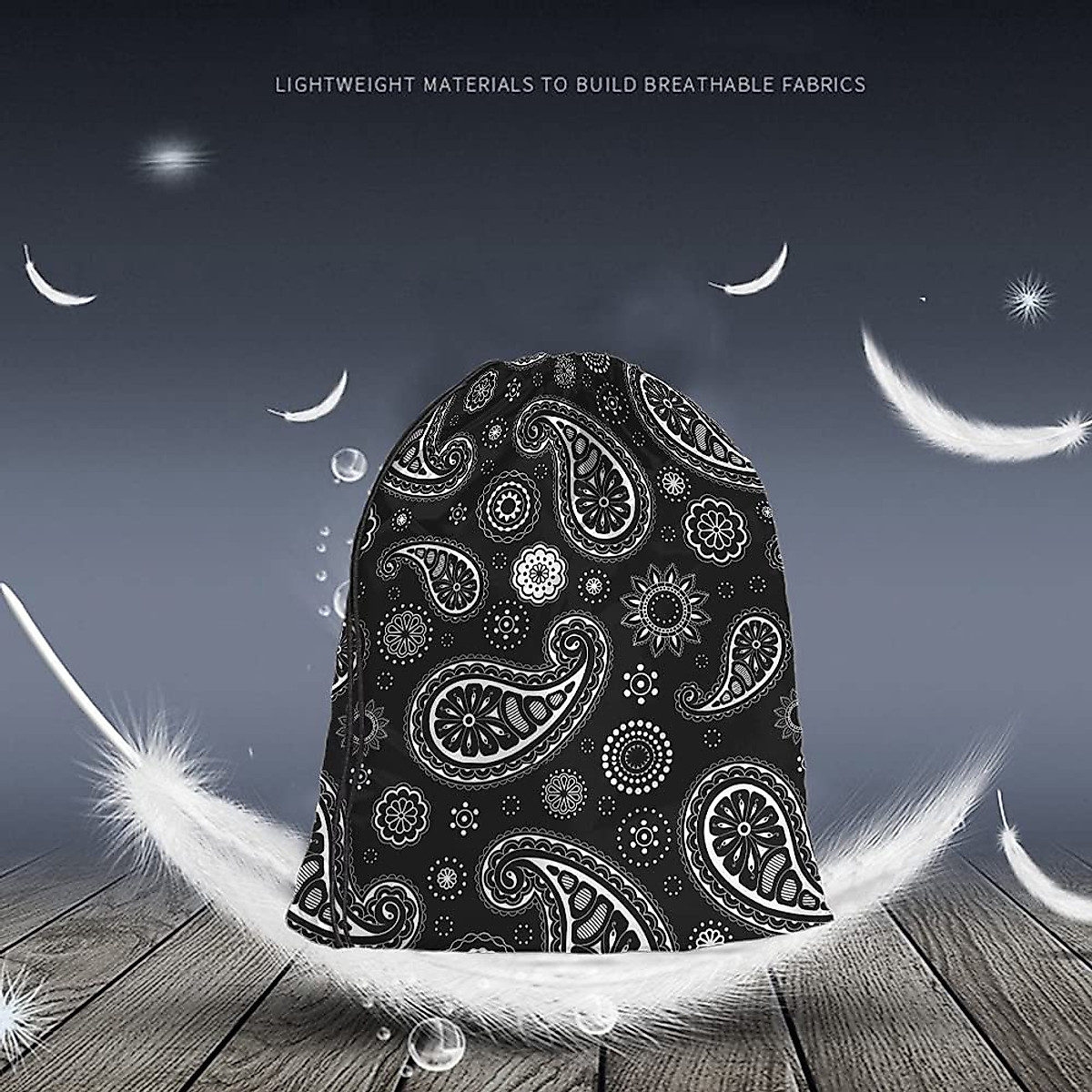 Beabes Paisley Pattern Drawstring Bags Backpack Bag Black White Floral Ethnic Asian Art Seamless Pattern Sport Gym Sack Drawstring Bag String Bag Yoga Bag for Men Women