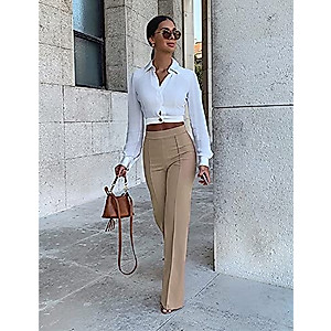 FANCYINN Womens Casual Bootcut Ease Into Pants Stretchy Bell Bottom Flare Palazzo with Tummy Control Trousers Khaki XL