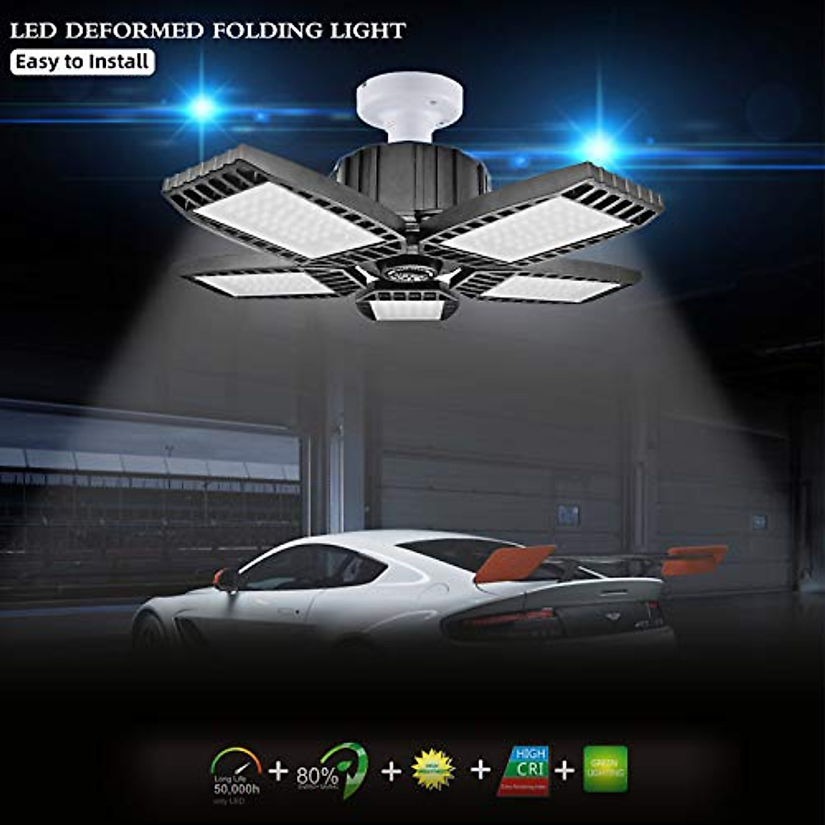 Garage Ceiling Lights, 10000LM Bright Led Deformable Lights for Garage, 100W LED Garage Light, Easy to Install 5 Glow Panels Ceiling Lamp for Basement Workshop Warehouse Attic Indoor Black