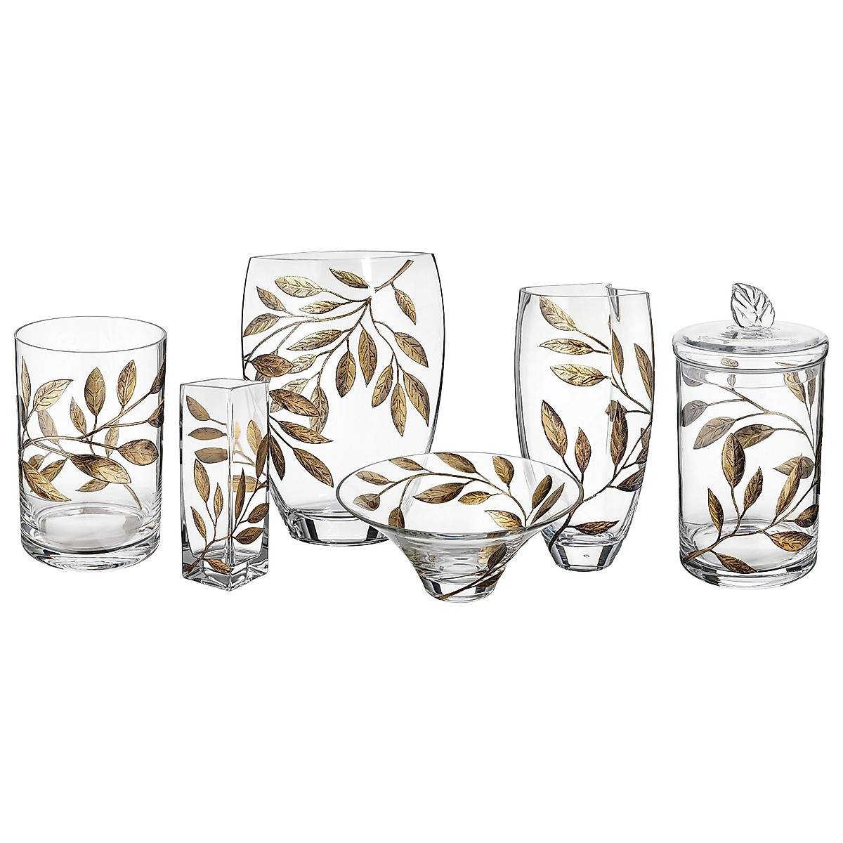 Decorative Glass Bowl Fruit Display - Etched, Hand Painted Leaves Decor - Mouth Blown Clear Glass - Large Salad Serving Bowl - Gift Boxed - D: 10.2 in (26 cm) (Gold)