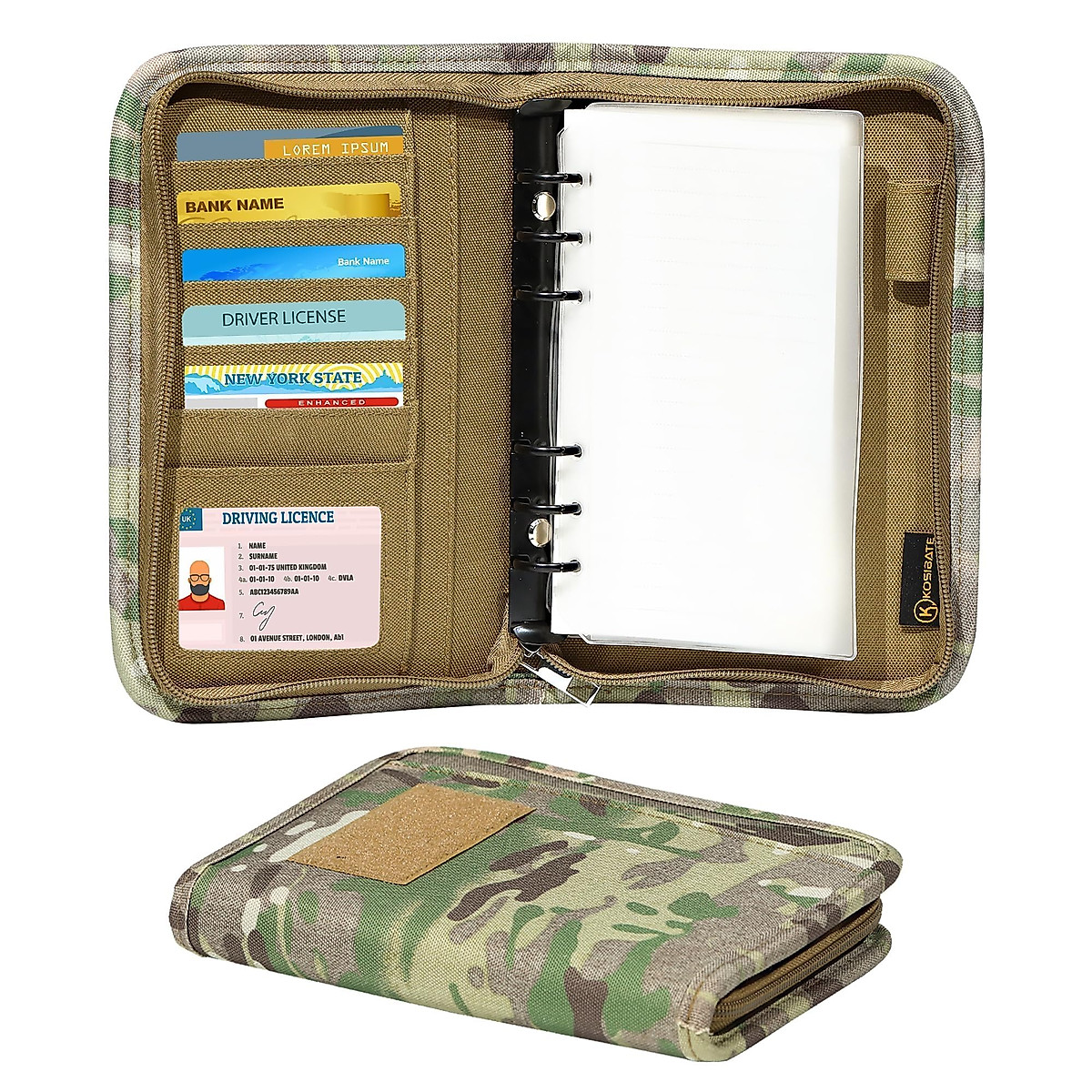 Kosibate Padfolio Ring Binder with 45 Sheets 90 Pages of Loose-Leaf Paper, Weatherproof Notebook Cover, Tactical Notebook with Zippered for Folders, Business Cards Refillable 6-Ring Notepad(5.5"x8.5")