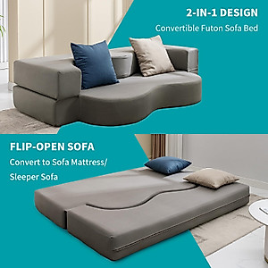Mjkone Folding Sofa Bed, Fold Out Futon Sofá Bed, Foldable Floor Couch Bed with Memory Foam, Convertible Full Sleeper Couch Bed, Stylish Lazy Sofa Bed for Living Room, Guest Room-Light Gray