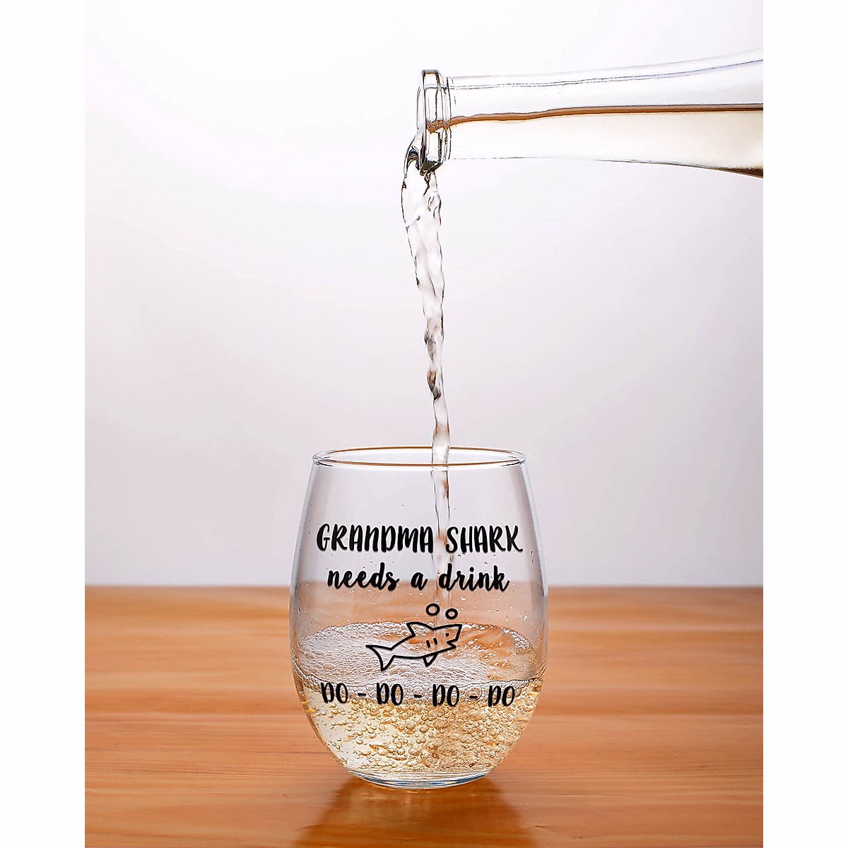 Grandma & Grandpa Shark Needs a Drink Do Do Do Do Funny Novelty Stemless Wine Glass with Sayings - Gifts for Grandparents - Birthday, Christmas, Mothers Day, Father's Day Gifts - 2 Pack (15oz)