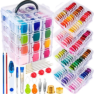 262 Pack Embroidery Thread Floss Set Including 200 Colors 8 M/Pcs Cross Stitch Sewing Thread with Floss Bins and 62 Pcs Cross Stitch Tool,4-Tier Transparent Storage Box