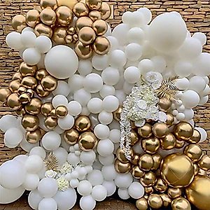Nalwort White Balloon Kit 135PCS 18In 12In 5In Metallic Gold Balloon Arch Garland For Festival Picnic Family Engagement, Wedding, Birthday Party, Gold Theme Anniversary Celebration Decoration