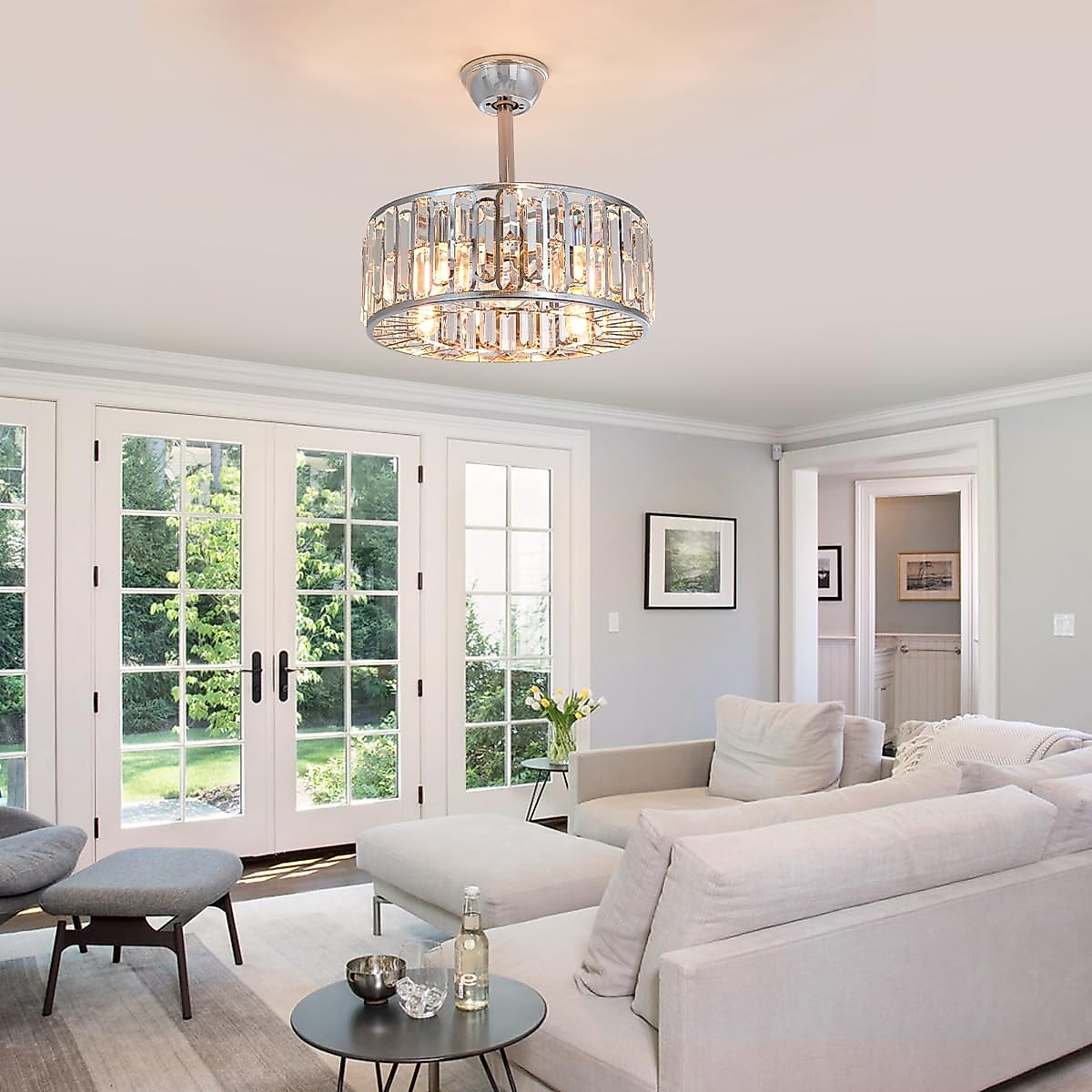 GDLT 18" Silver Crystal Caged Ceiling Fan with Lights and Remote, Modern Crystal Fandelier Chorme Ceiling Fan with Light and Reversible Motor, Chandelier Ceiling Fan for Bedroom, Living Room