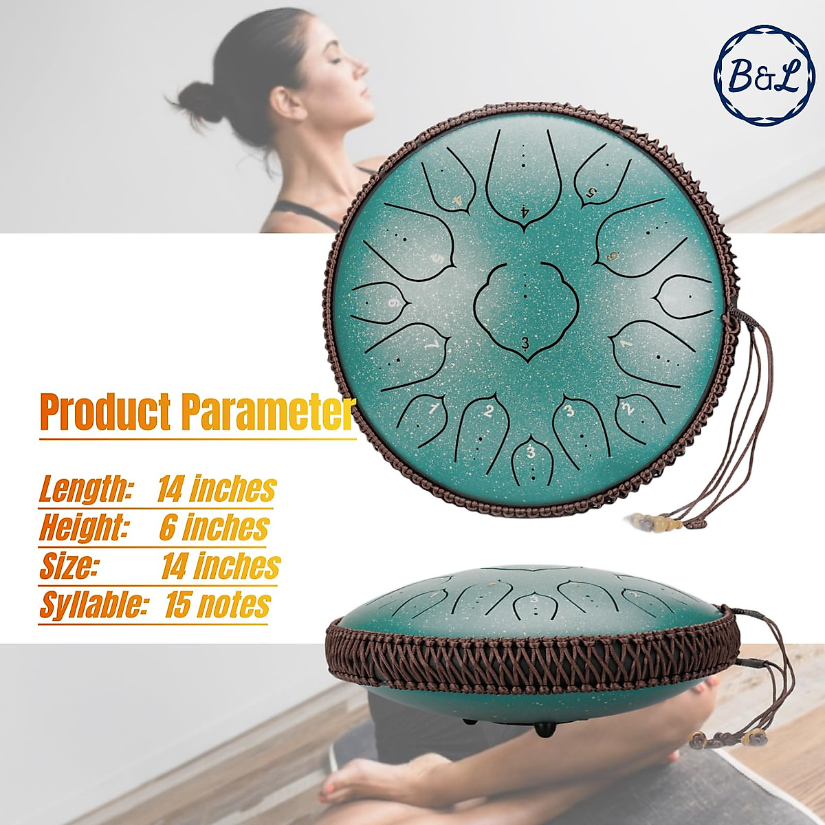 Steel Tongue Drum 14 Inches 15 Notes Hand Pan Drum Rain Drum Percussion for Meditation Yoga Musical Education for Adult& Kids(Lotus Green)