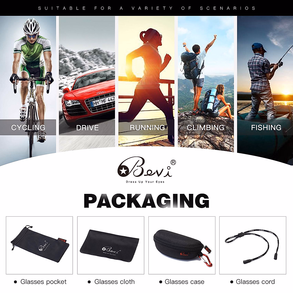 Bevi Polarized Sports Sunglasses Ultralight TR90 Frame Glasses Flexible and Durable for Men Women Sun Glasses 2701C7