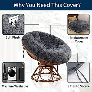 ROYALAY Faux Fur Cover for Papasan Cushion with Fluffy Plush, Faux Fur Shaggy Slipcover, Removable Chair Cushion Cover with 8 Ties-Cover Only-Fit 44-48 in (Dark Grey, 50 in)