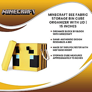 Minecraft Bee 15-Inch Storage Bin Chest With Lid | Foldable Fabric Basket Container, Cube Organizer With Handles, Cubby Closet Organizer | Video Game Gifts And Collectibles