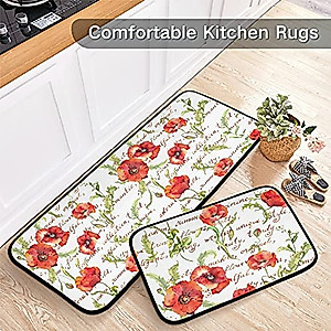 Emelivor Poppy Flowers Summer Kitchen Rugs and Mats Set 2 Piece Non Slip Washable Runner Rug Set of 2 for Kitchen Floor Home Sink Ladunry Office