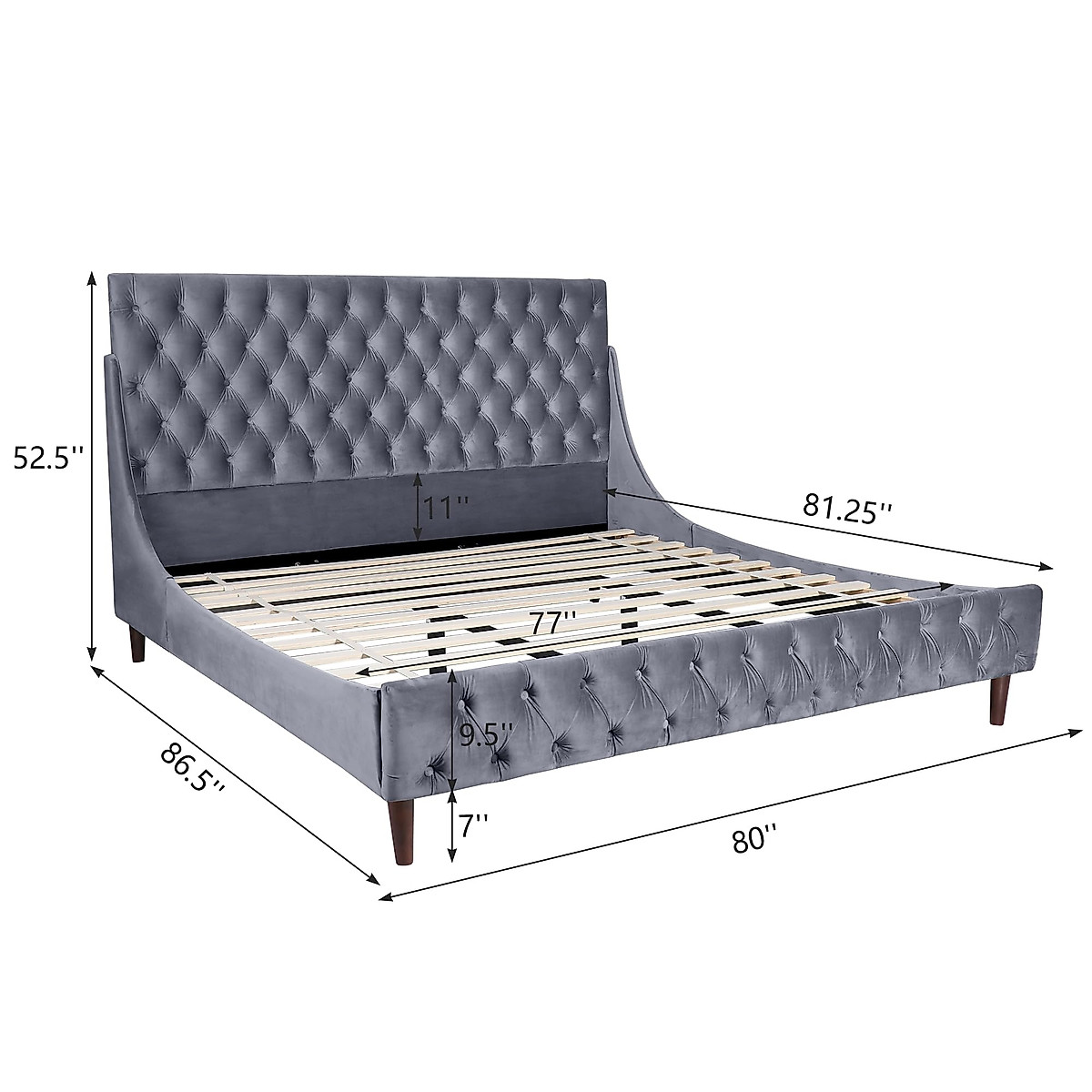 affeivul King Bed Frame and Headboard, King Size Platform Bed Frame No Box Spring Needed, Upholstered Bed Frame King with Cotton and Velvet, Low Storage, Modern Design and Wood Slats - Grey