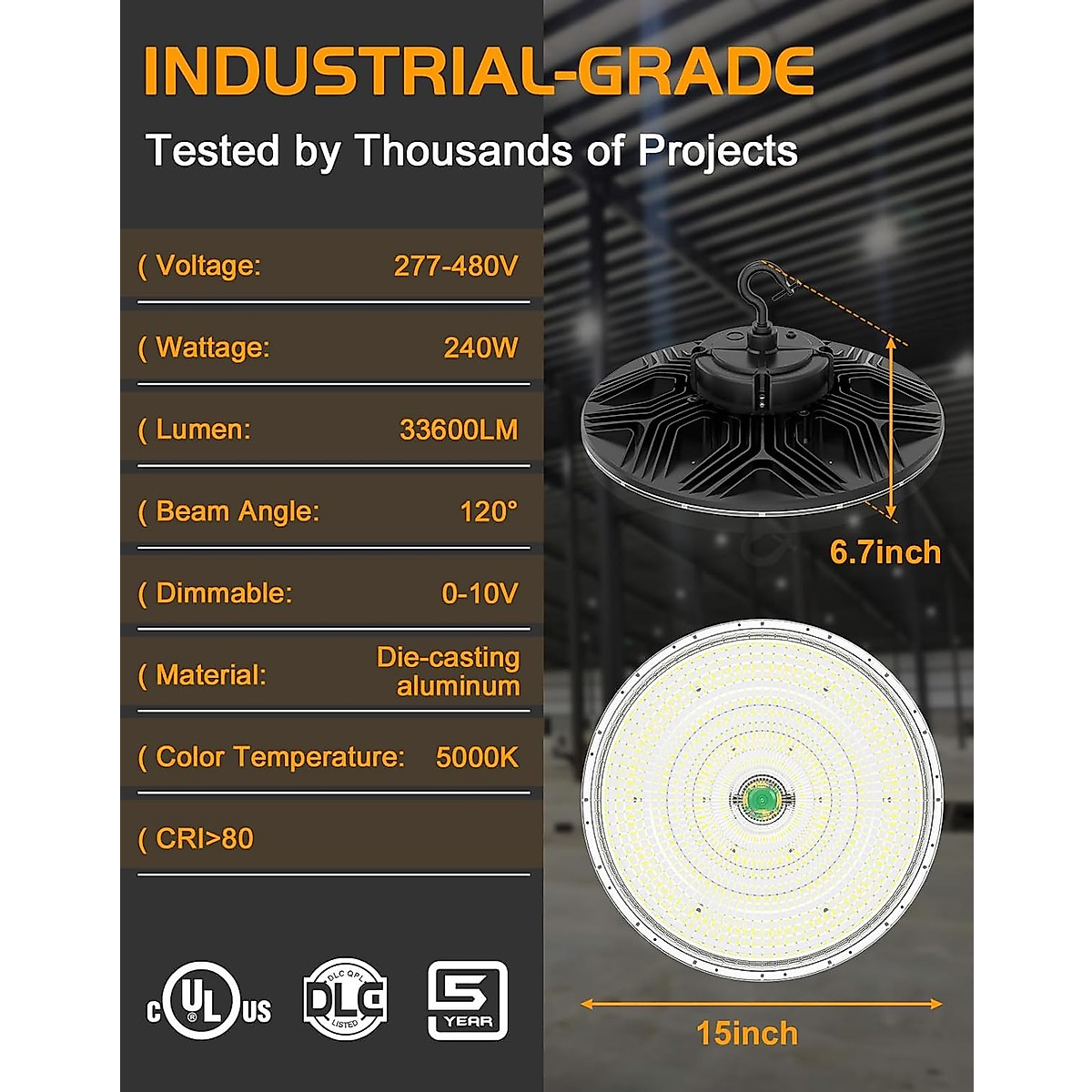 480V UFO LED High Bay Light 240W/200W/150W Adjustable, UL & DLC Listed 5000K Daylight, 33600LM 0-10V Dimmable High Bay Lights IP65 Commercial Bay Lighting Fixture AC277-480V for Warehouse (9 Pack)